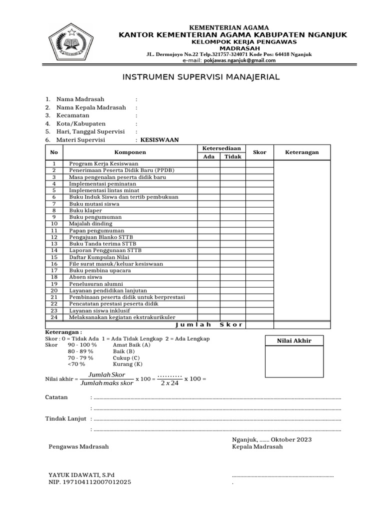 Instrumen Supervisi Manajerial Kesiswaan | PDF