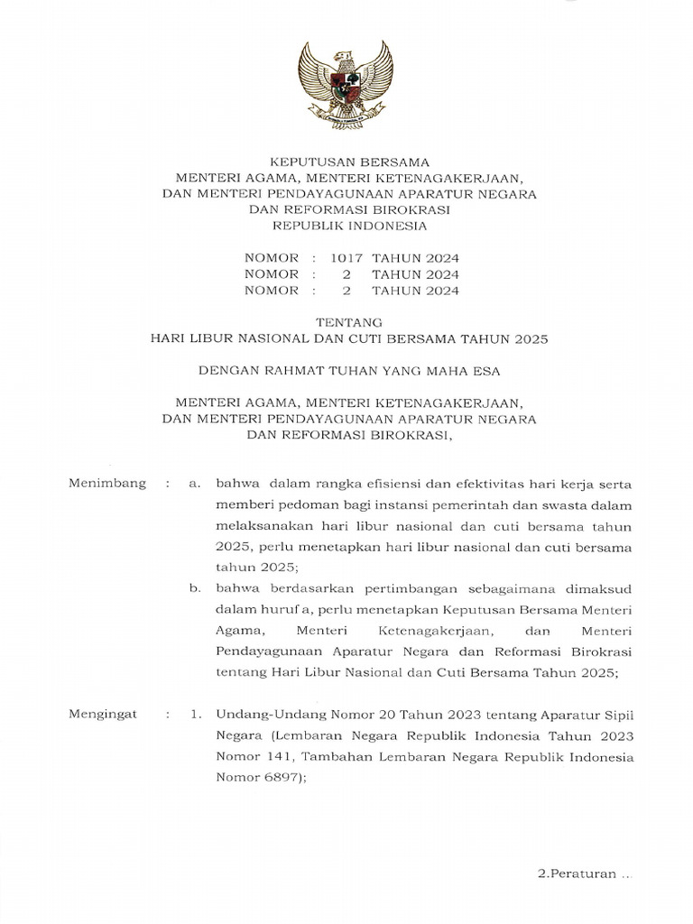 SKB 3 Menteri Libur Nasional dan Cuti Bersama 2025 | PDF