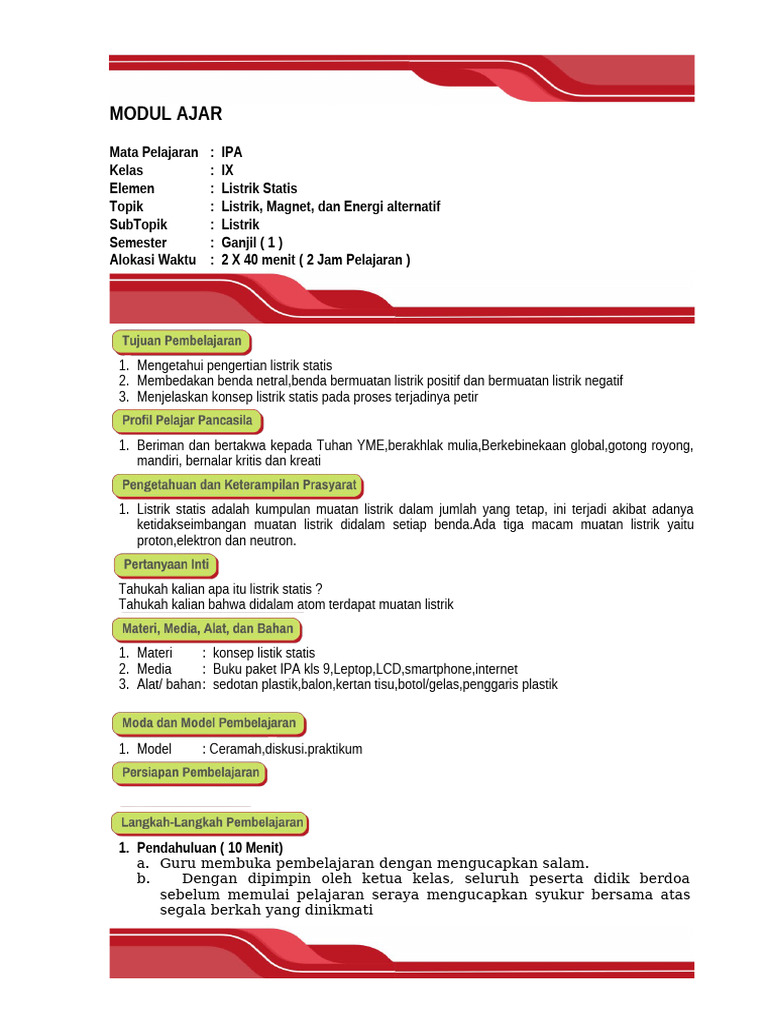 MODUL AJAR Listrik Statis kls9 | PDF