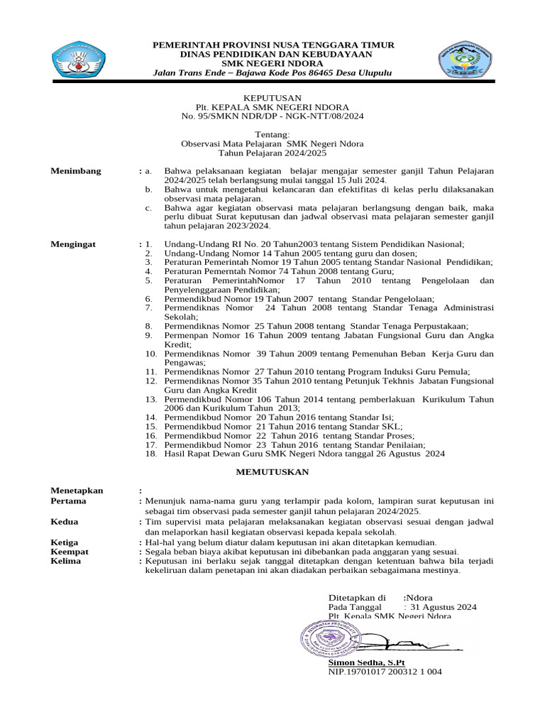 SK Tim Supervisi Mata Pelajaran SMKN Ndora Tahun 2024.2025 Ganjil-1 | PDF