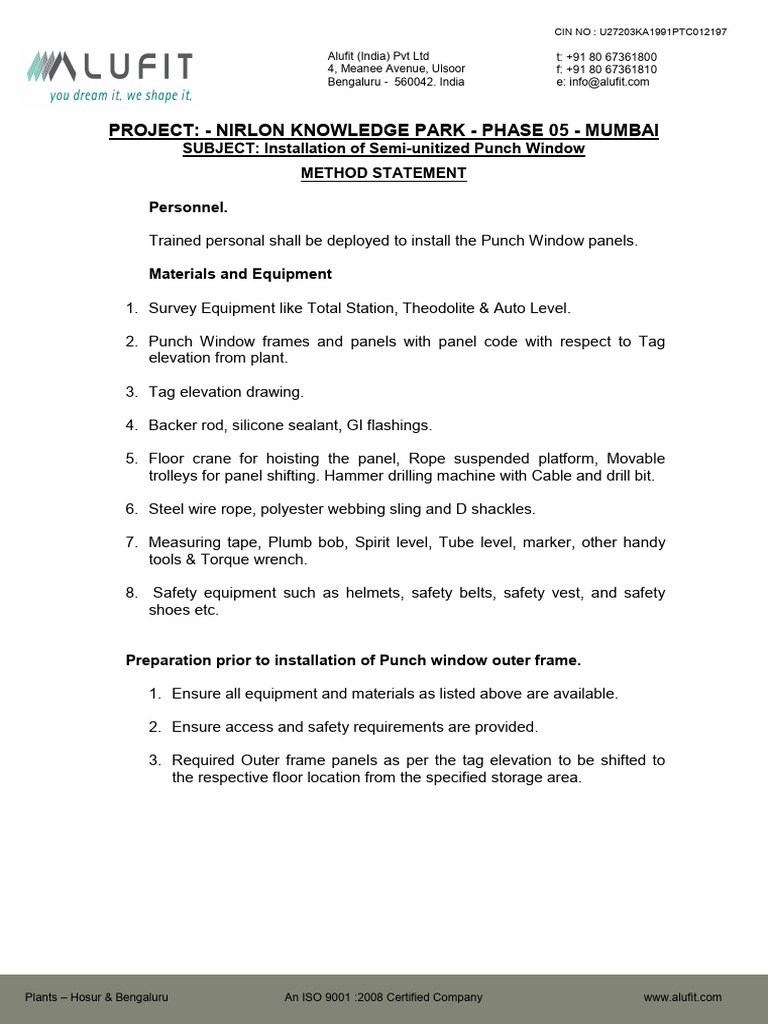Method Statement - Semi-Unitized Punch Window | PDF