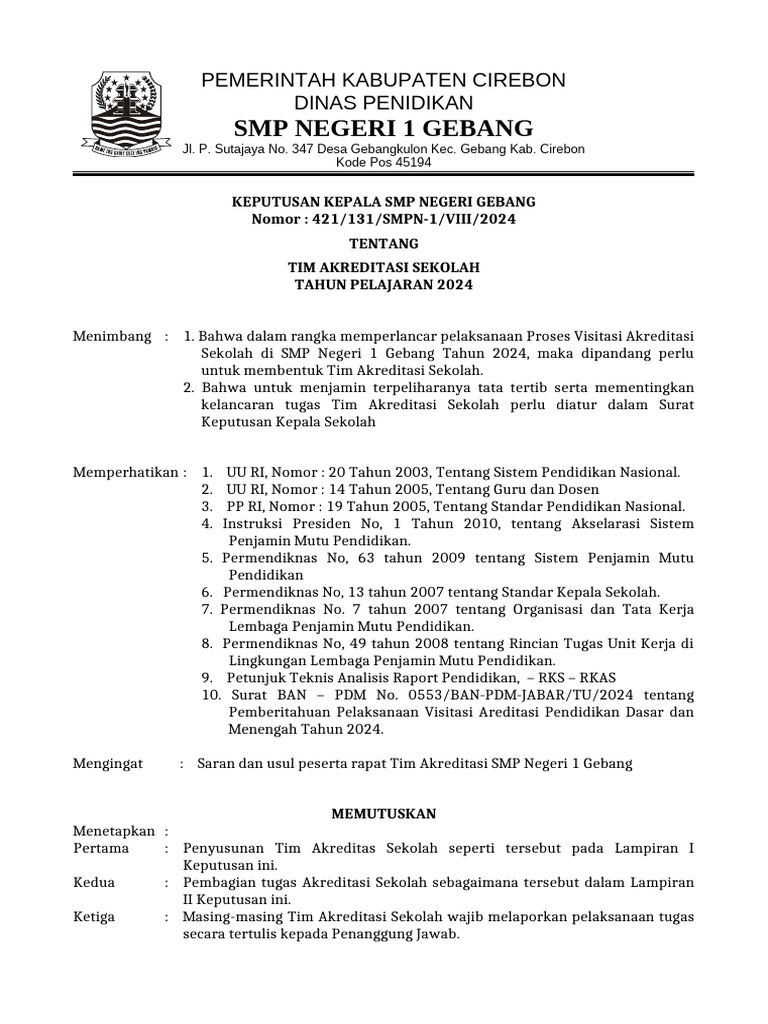 SK Tim Akreditasi Sekolah TP 2024-2025 | PDF