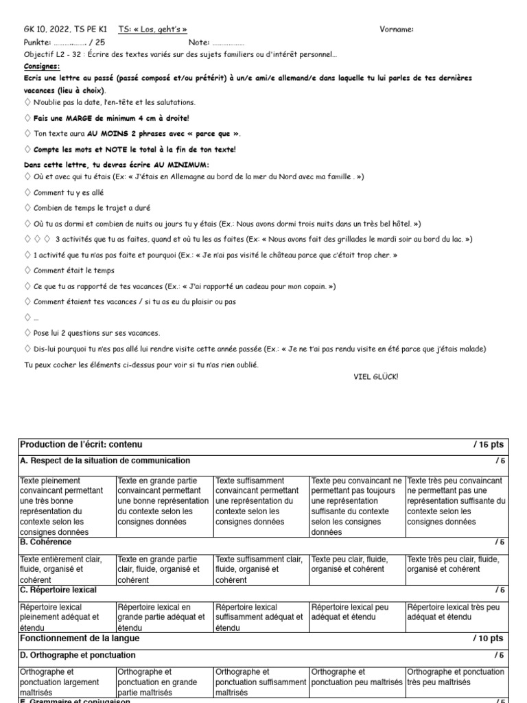 GK 10, 2022, TS PE K1 TS: Los, Geht's Vorname: Punkte: .. . / 25 | PDF