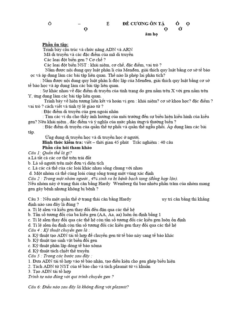 Sinh 12 - Đề cương HK1 - 2023 - 2024 | PDF