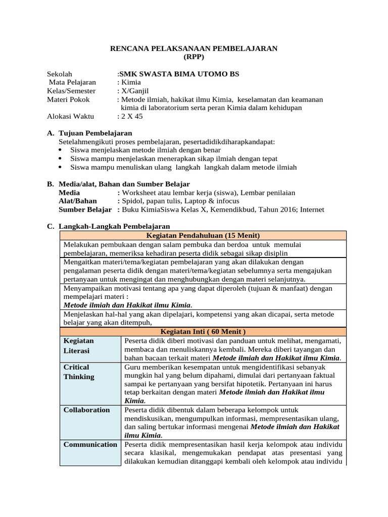 RPP Kelas X Kimia | PDF