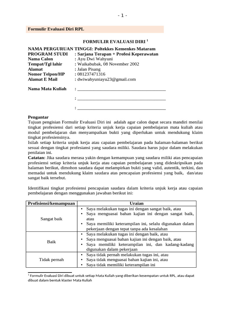 Formulir Evaluasi Diri Rpl 1 Pdf