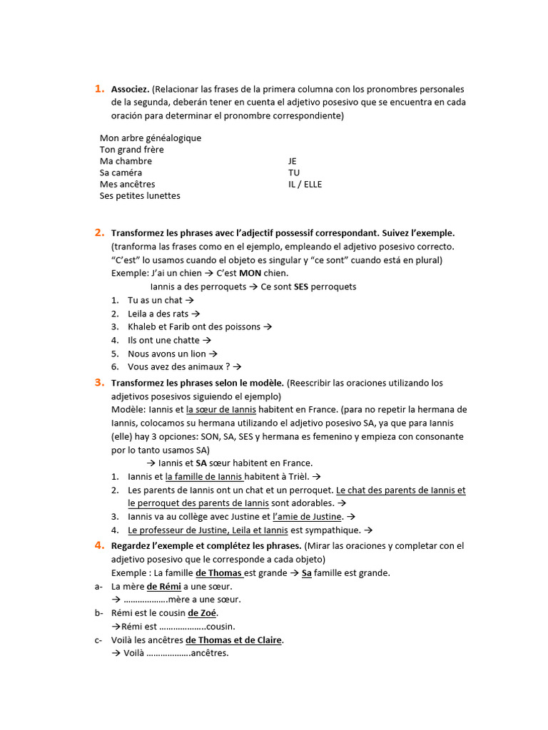 Ejercicios 1ero Adjetivos Posesivos | PDF