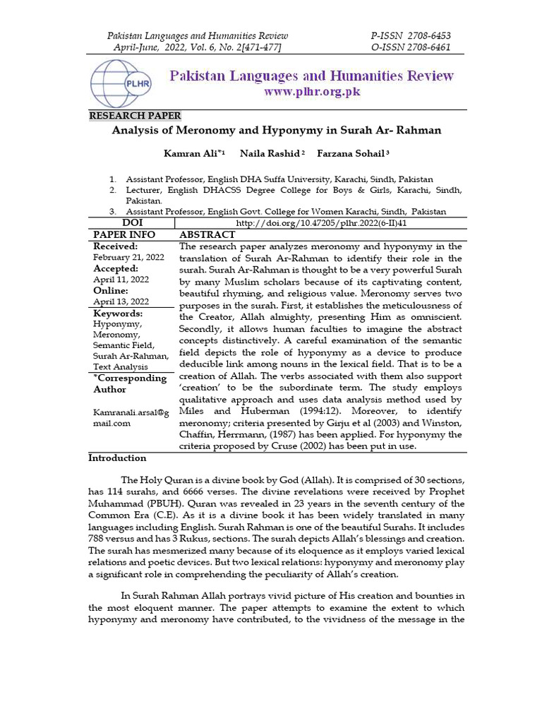 Analysis of Meronomy and Hyponymy in Surah Ar Rahman | PDF
