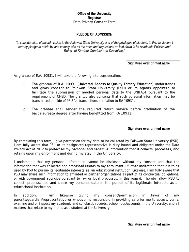 Pledge of Admission & Data Privacy Consent Form | PDF | Justice | Crime & Violence