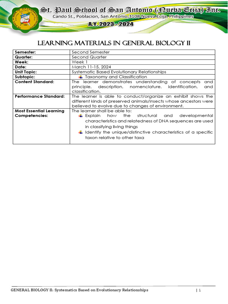 GEN - BIO. II WEEK 1 Second Quarter | PDF