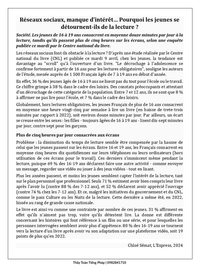 B2 - Culture - Réseaux Sociaux Et Lecture - Ex | PDF