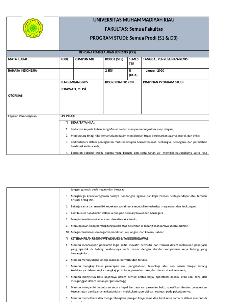 RPS BAHASA INDONESIA REVISI 2020 | PDF