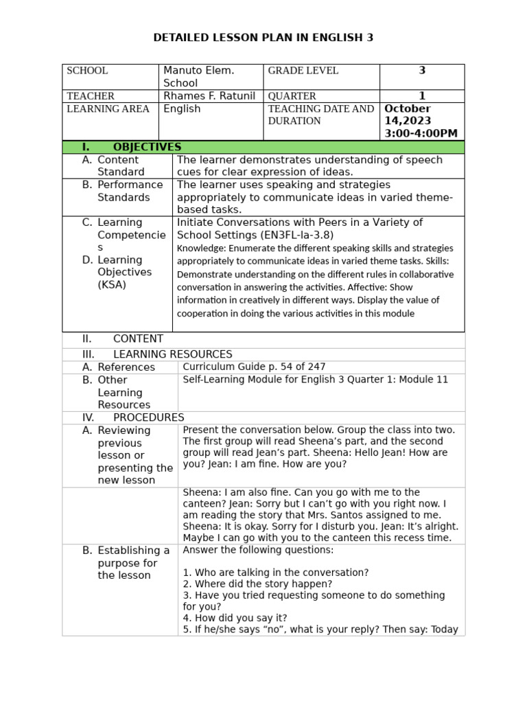 MATATAG Curriculum Lesson Plan Template 4 | PDF