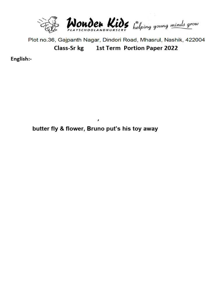 Sr kg half yearly portion paper | PDF