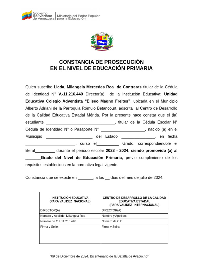 Constancia de Prosecución en El Nivel de Educación Primaria 2024 | PDF