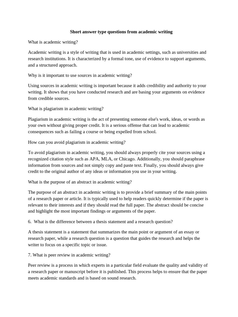 Short Answer Type Questions From Academic Writing | PDF