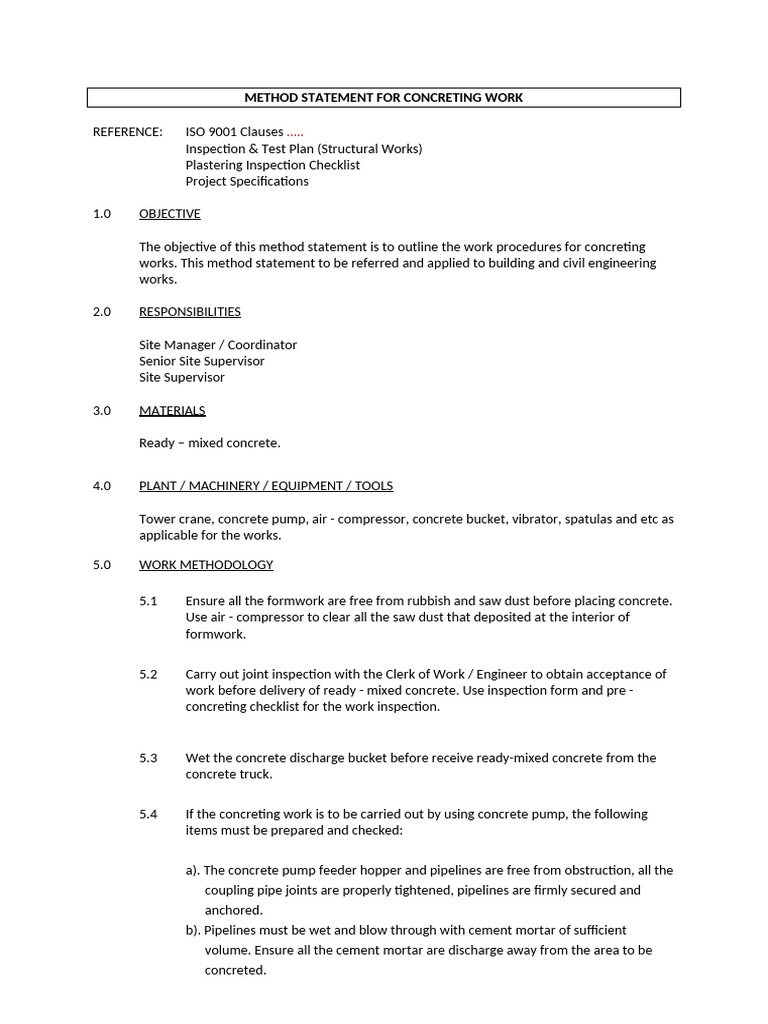 Method Statement For Concreting Work | PDF | Concrete | Technology ...