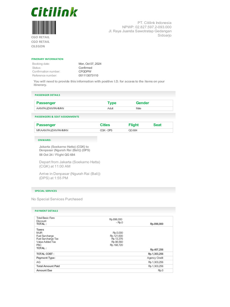 Citilink Ticket - CFGDPW | PDF