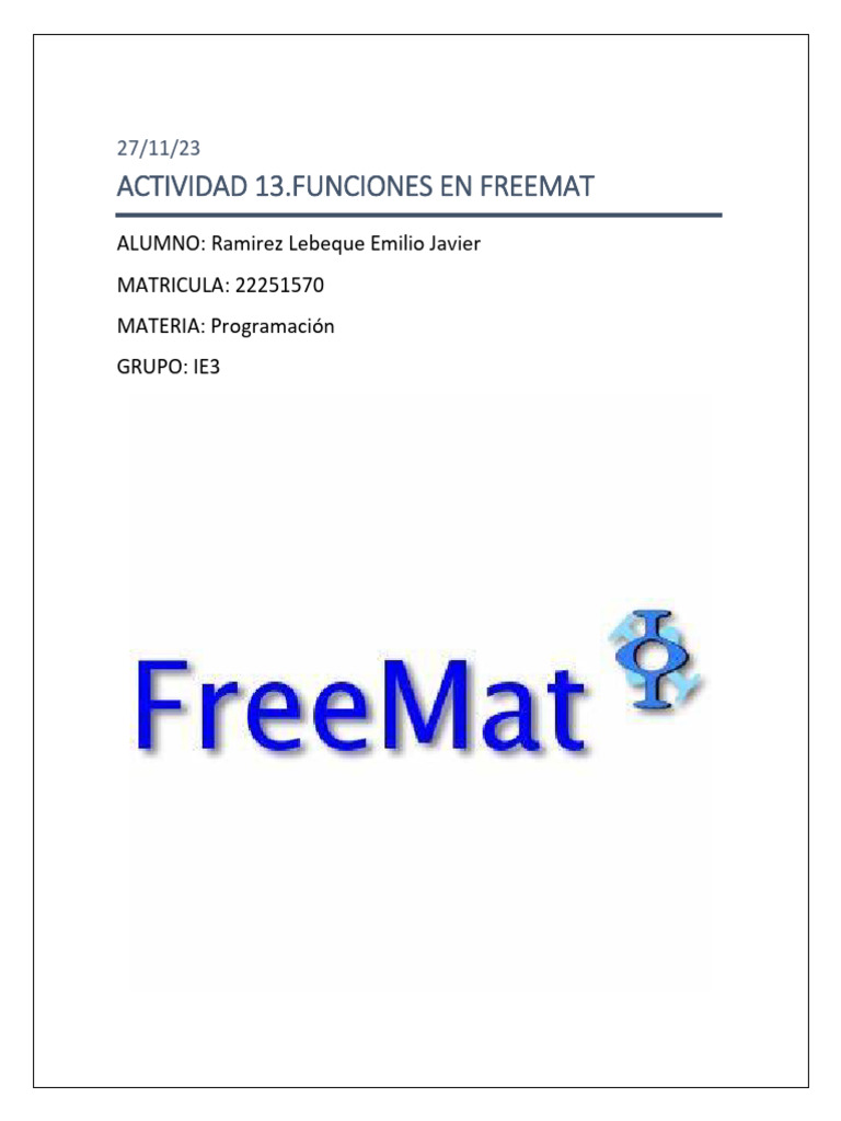Actividad 13 - Funciones en Freemat - RamirezLebequeEmilioJavier | PDF