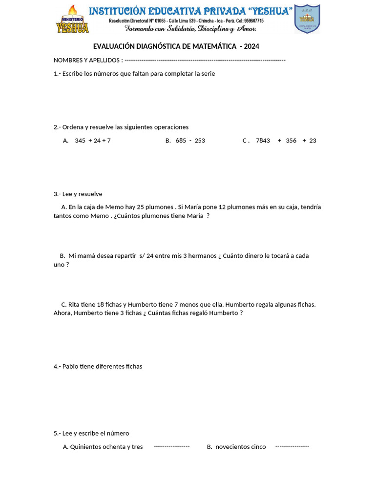 Evaluación Diagnostica Matematica 2024 | PDF