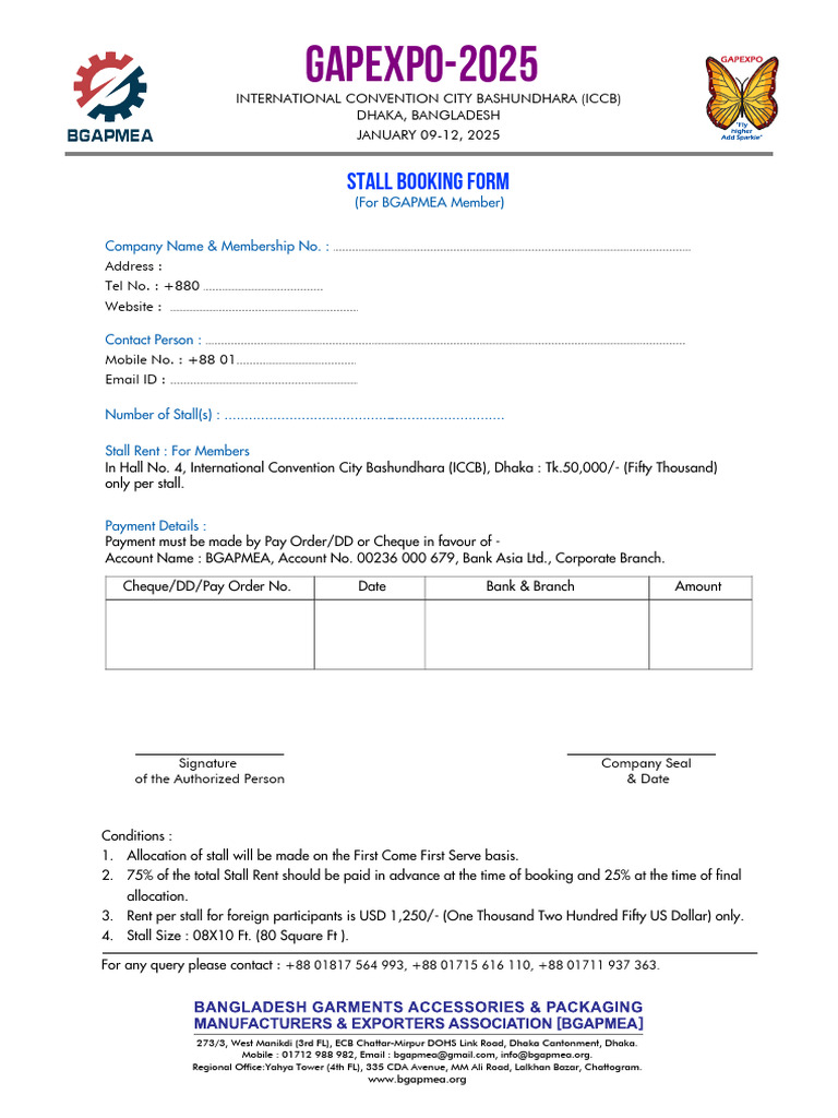 15fc4 Gapexpo 25 Stall Booking Form - Member | PDF