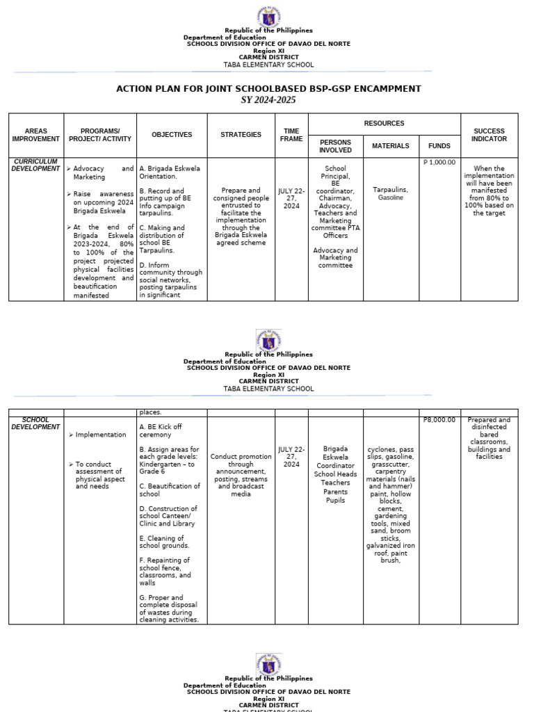 Taba Es Action Plan Bsp | PDF