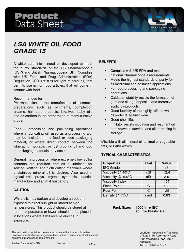 White Oil Food Grade 15 PDS 0816 | PDF