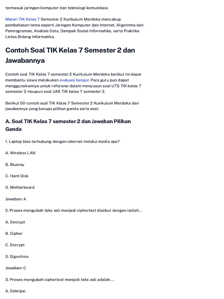50 Soal TIK Kelas 7 Semester 2 Dan Jawabannya Kurikulum Merdeka | PDF