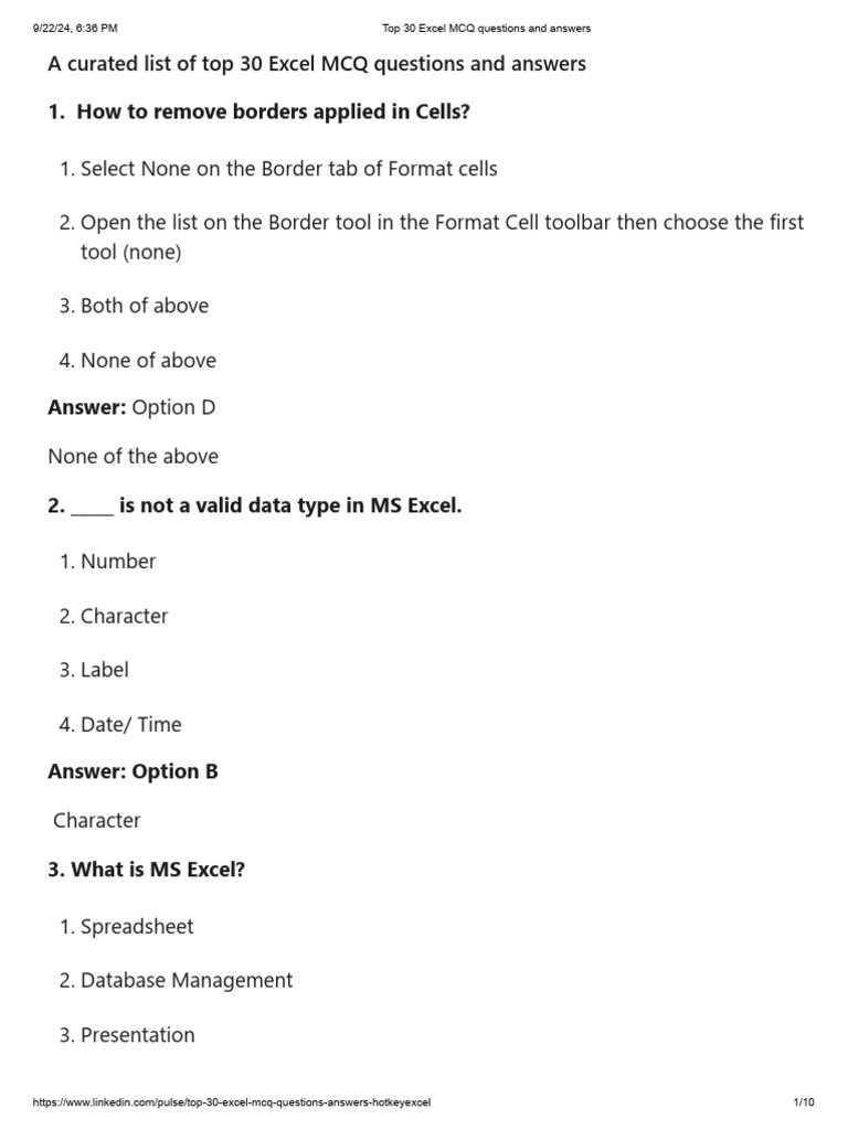 Top 30 Excel MCQ Questions and Answers | PDF