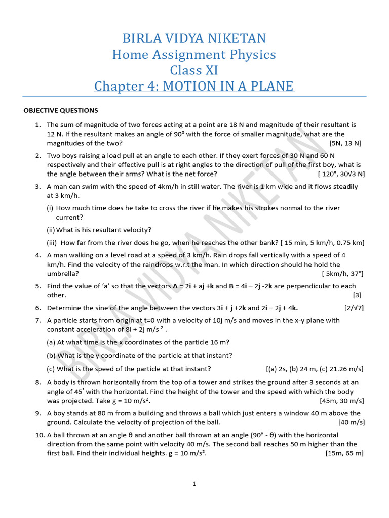 CH4 - Physics - Home - Assignment - Motion in A Plane | PDF | Force | Velocity