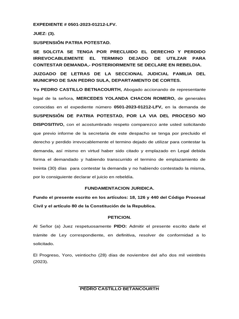 Se Solcita Se Tenga Por Precluido El Derecho y Perdido Irrevocablemente ...