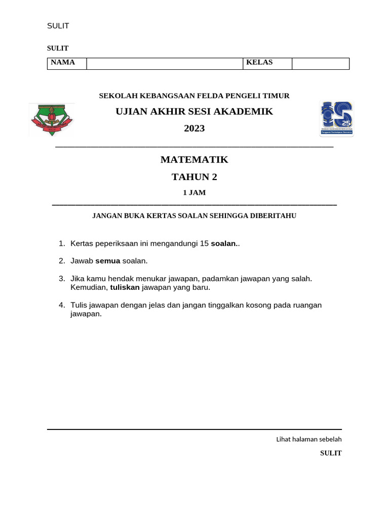 Uasa Mat Tahun 2 2023 Pdf