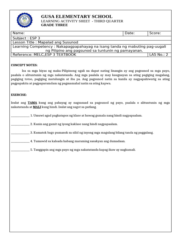 Learning Activity Sheets ESP-3-Q3-W2 | PDF | Career & Growth | Wellness