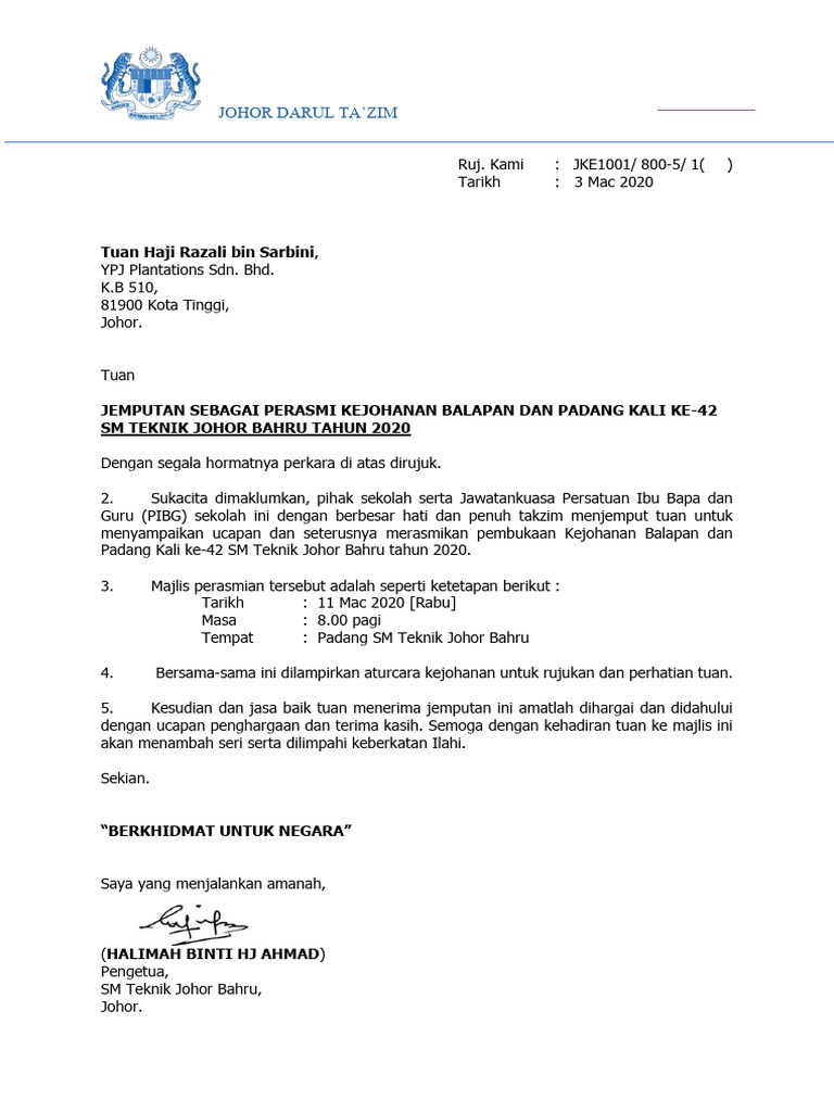 Surat Jemputan Perasmi Kejohanan Sukan | PDF