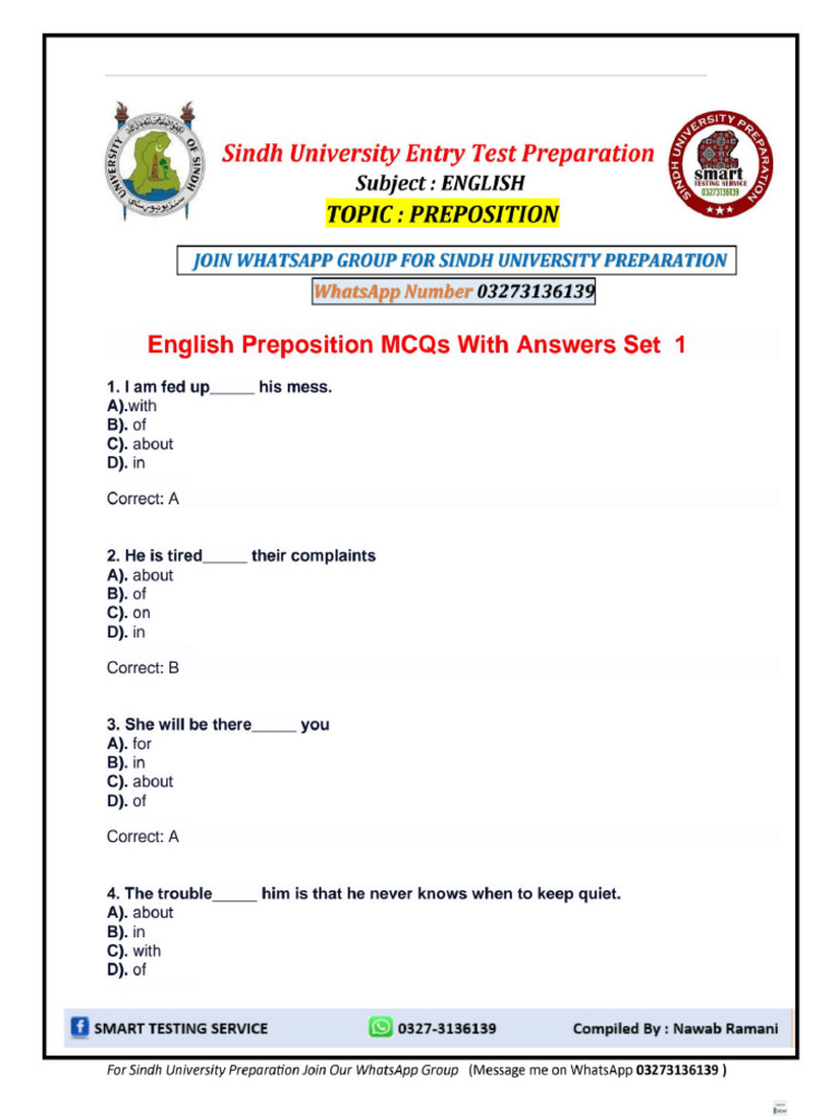 PREPOSITION MCQs For Practice | PDF