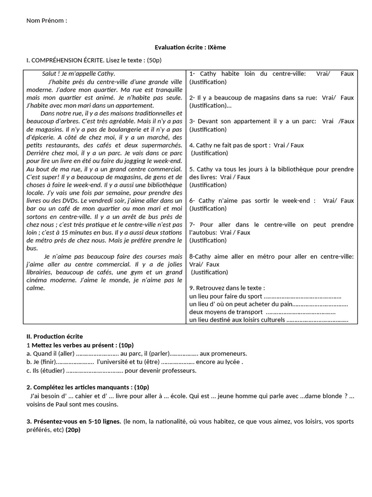 0 Evaluation Ecrite 9 l2 | PDF
