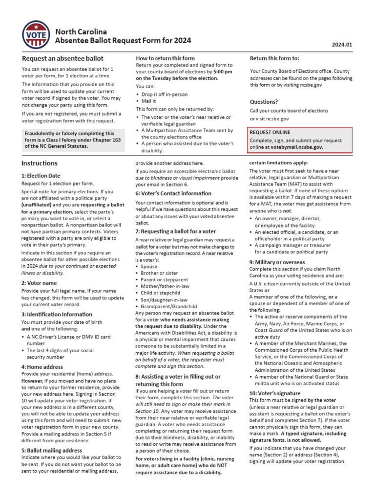 North Carolina Absentee Ballot Request Form For 2024 | PDF