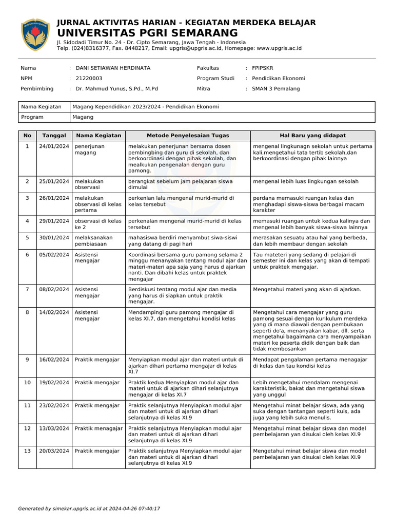 Jurnal Aktivitas Harian - MBKM - 21220003 | PDF