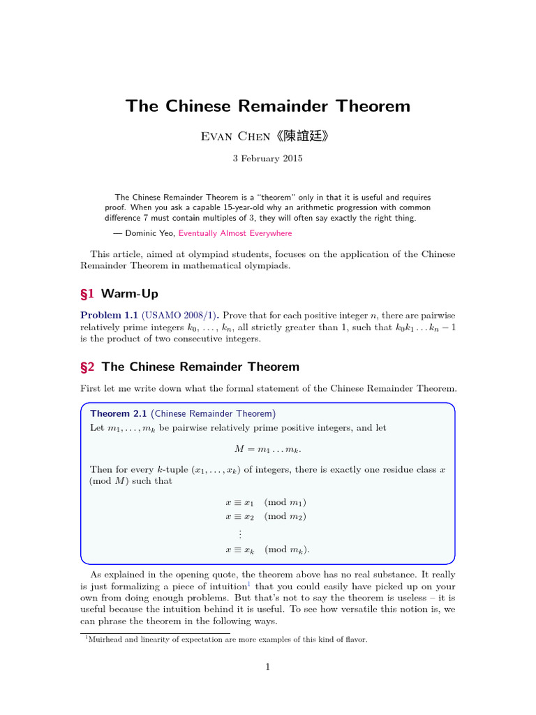 The Chinese Remainder Theorem: Evan Chen | PDF