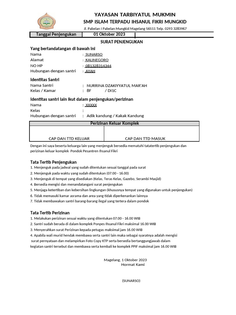 NURINA - Penjengukan Dan Perizinan Keluar Komplek (Putri) | PDF