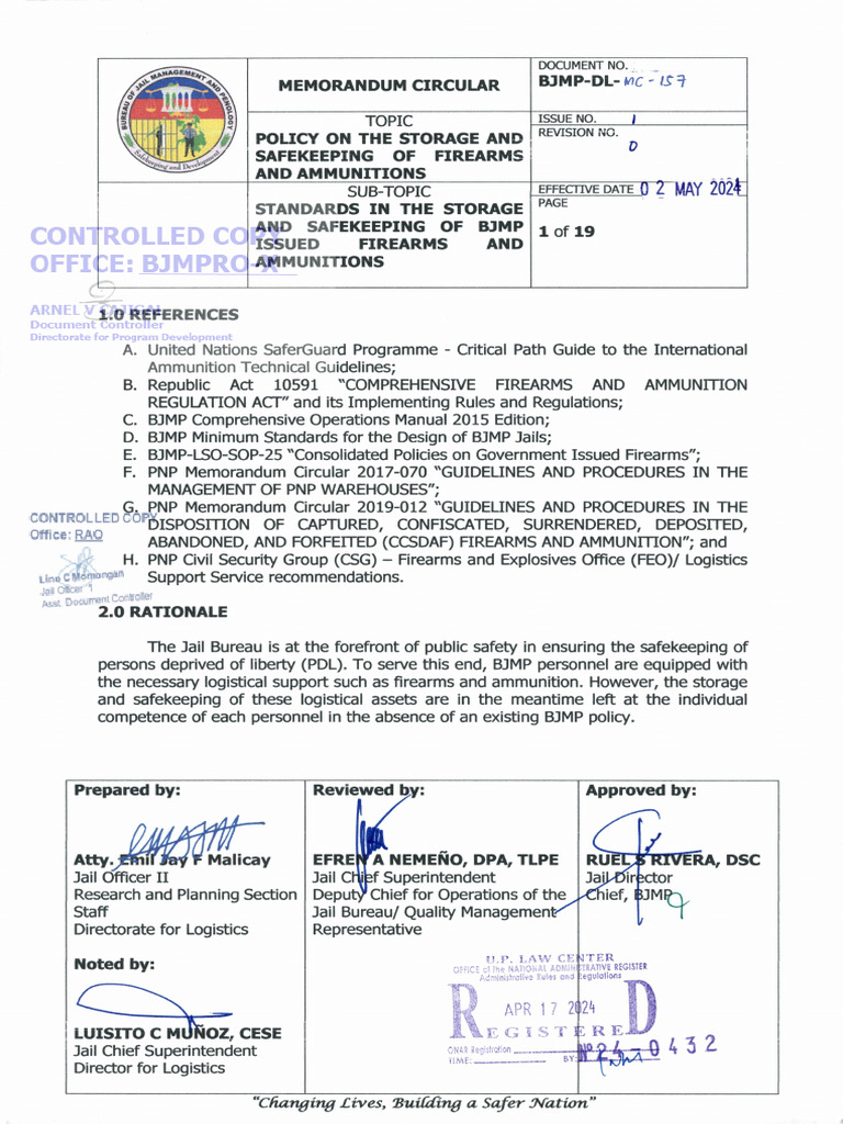 Accounting - 20240502 Bjmp-dl-mc-157 Policy On The Storage and Safekeeping of Firearms and ...