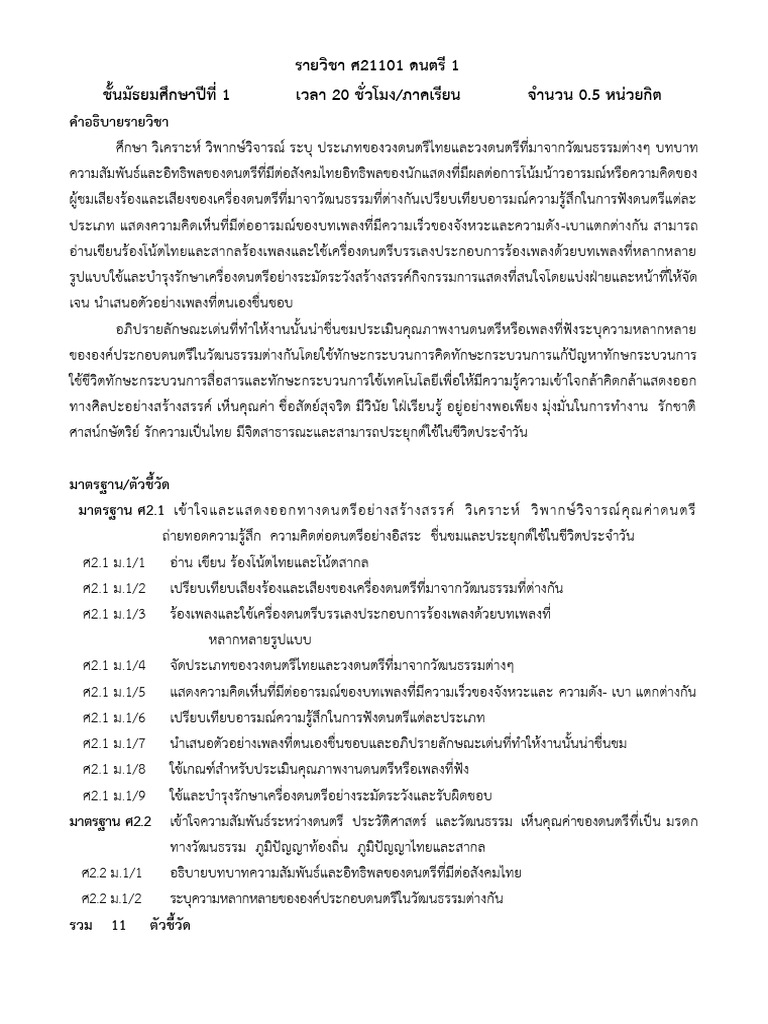 รายวิชา ศ21101 ดนตรี 1 + ตัวอย่างแผน | PDF