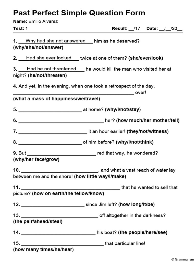 Grammarism Past Perfect Question Test 1 | PDF