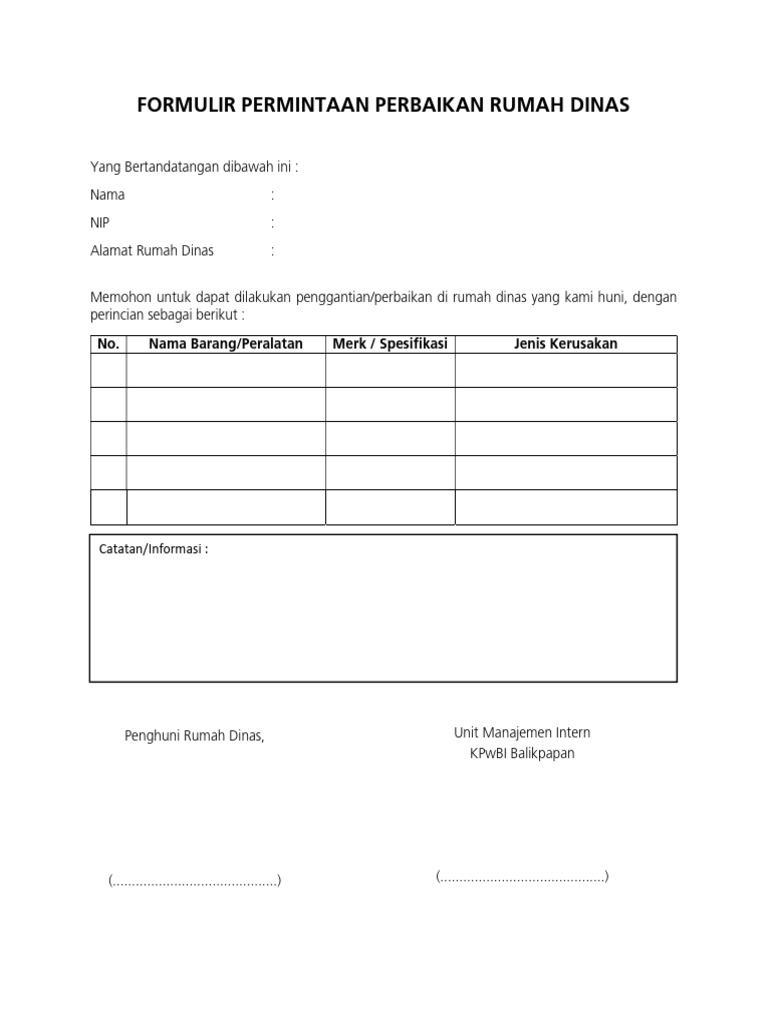 Formulir Permintaan Perbaikan Rumah Dinas | PDF
