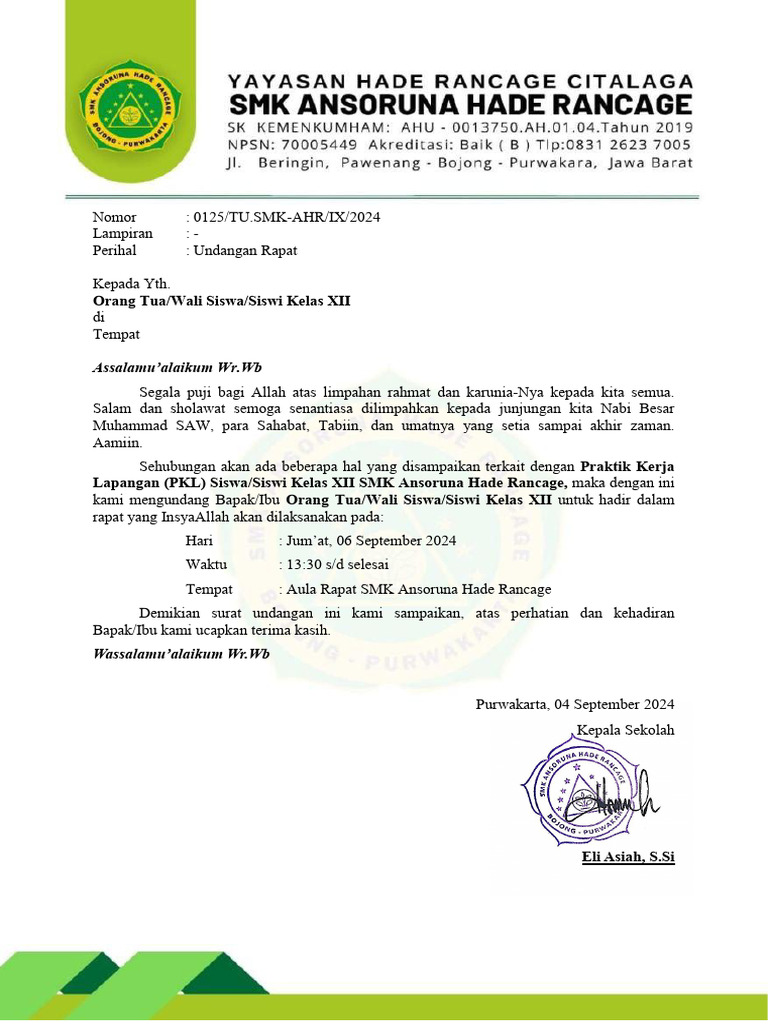 Surat Undangan Rapat Orang Tua Siswa PKL | PDF