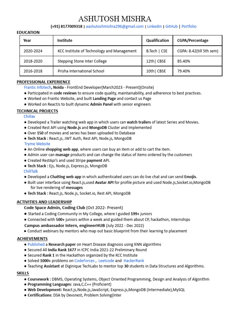 Ashutosh Mishra Resume | PDF | Computer Science | Software Engineering