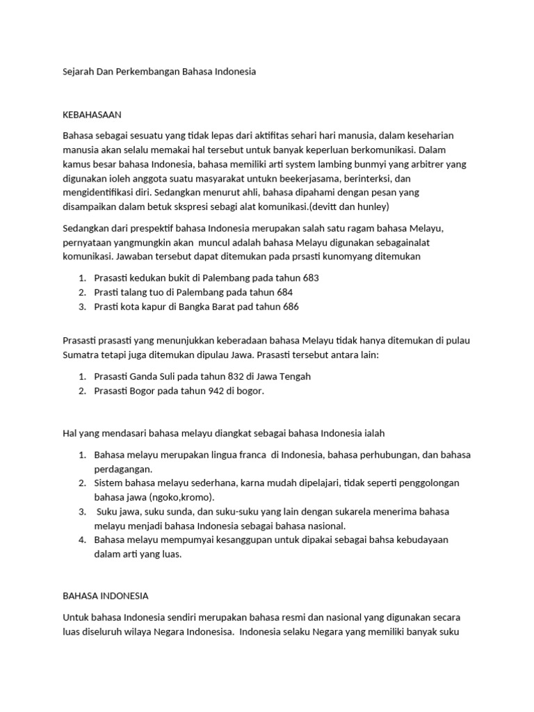 Sejarah Dan Perkembangan Bahasa Indonesia | PDF