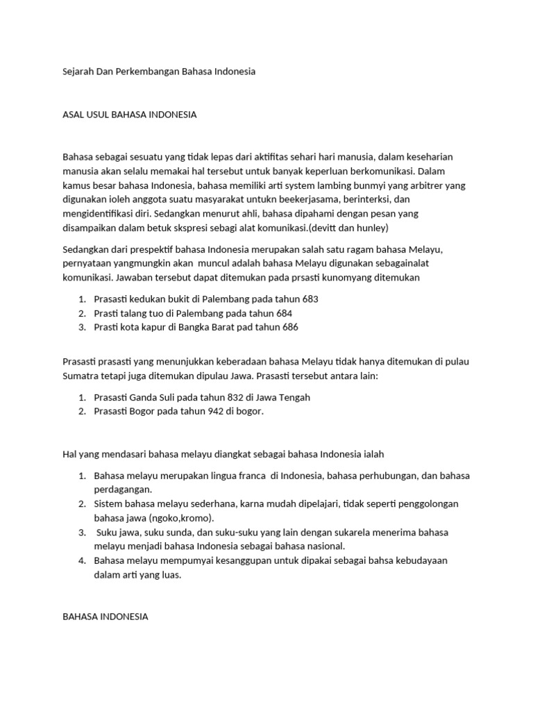 Sejarah Dan Perkembangan Bahasa Indonesia | PDF | Seni & Disiplin Bahasa | Kajian Bahasa Asing