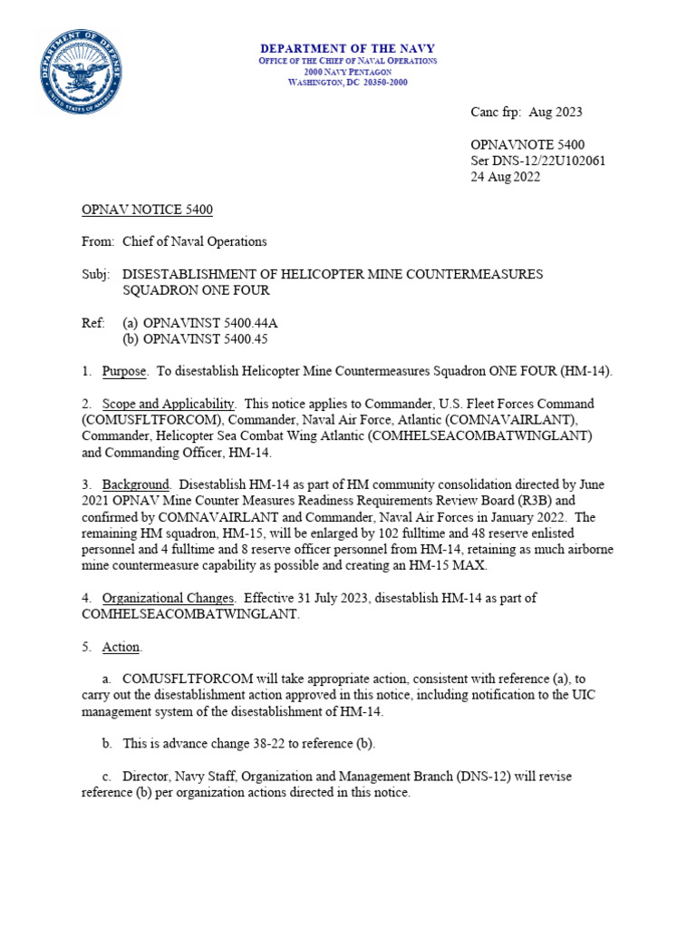 Department of The Navy: O C N O 2000 N P W, DC 20350-2000 | PDF