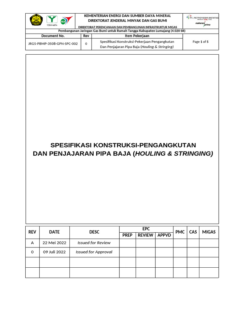 JRG5-PBMP-3508-GPN-SPC-002 Houling & Stringing | PDF